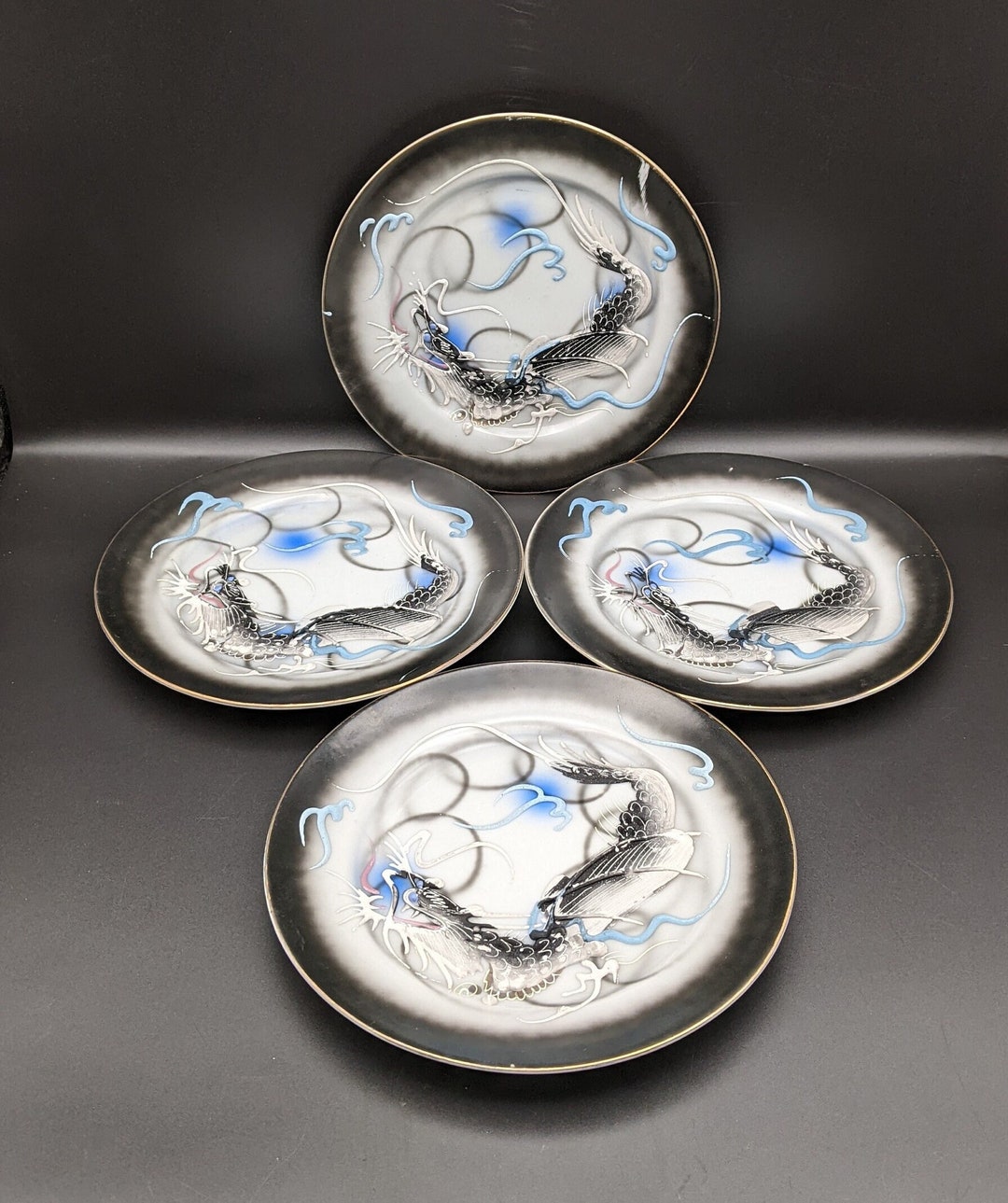 Vintage Japanese Moriage Dragonware 'E&O' Salad Plates X 4, Black ...