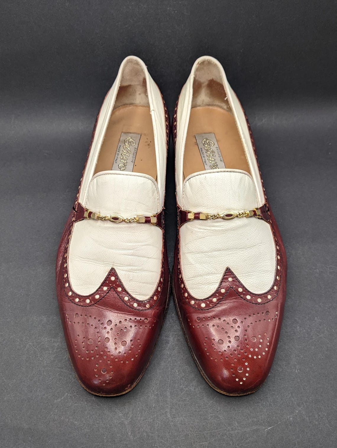 SAURO Dandy Maroon & White Leather Wingtips, Gold Detail Size 42 ...
