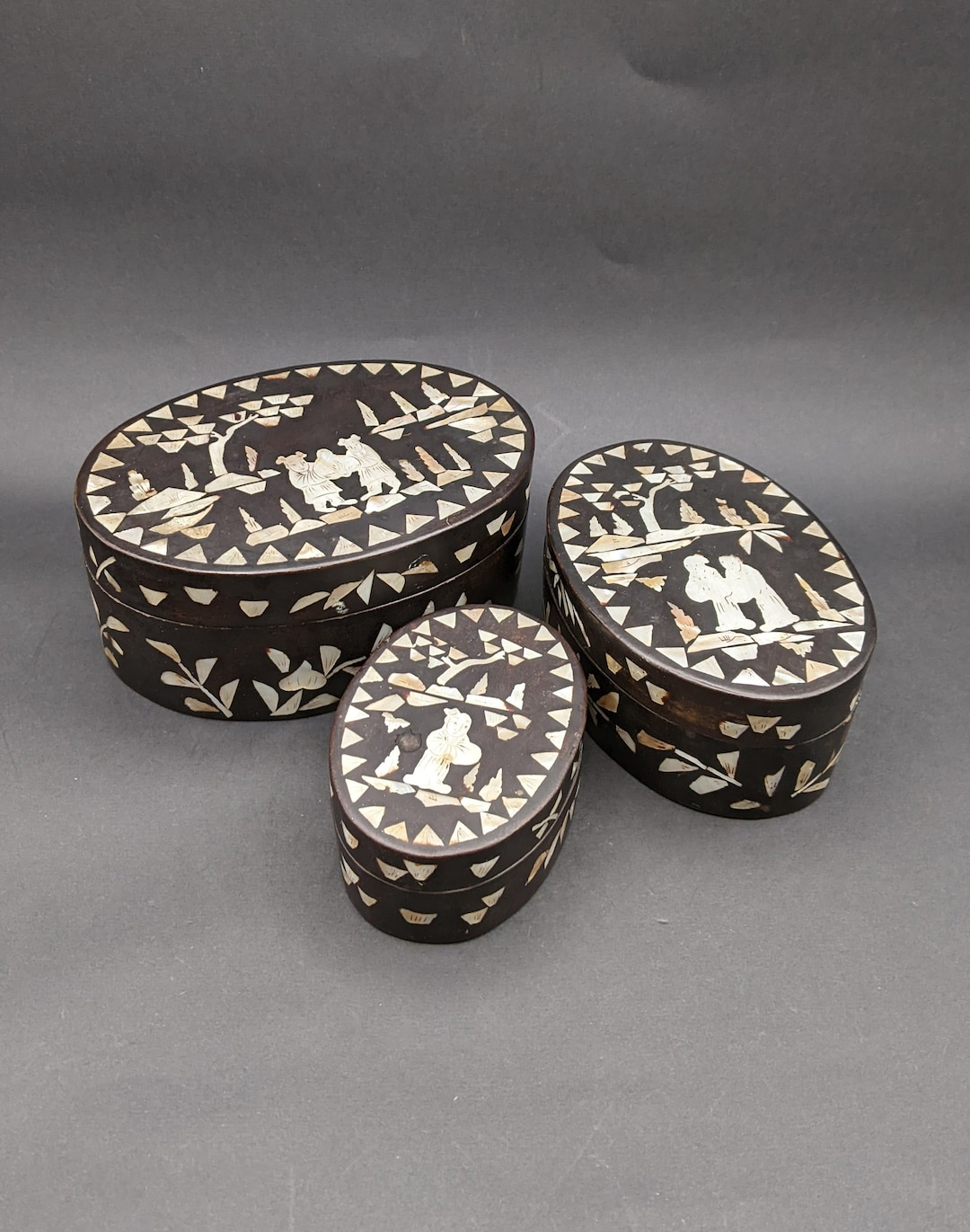 Antique Chinese Lacquered Papier Mache Boxes With Mother of Pearl Inlay ...