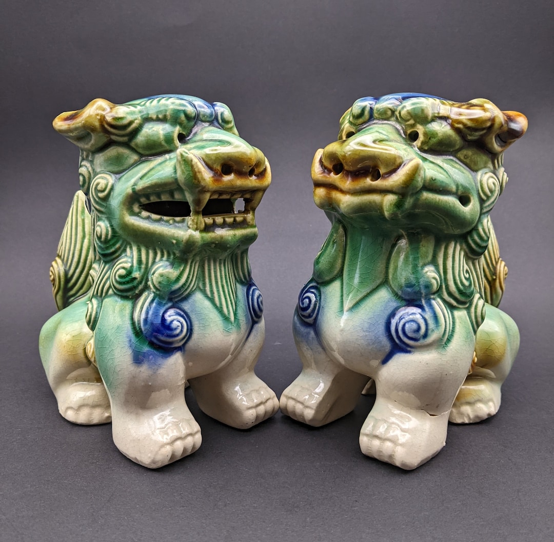 Vintage Chinese Foo Dog Couple, Pair of Yin and Yang Foo Guardian Lions ...