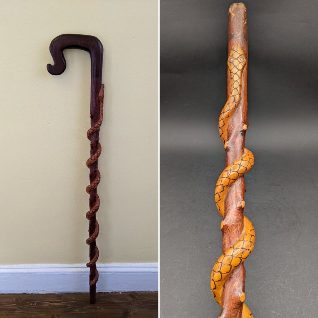 Antique Carved Snake Walking Stick With Shepherd's Crook Handle, Wooden ...