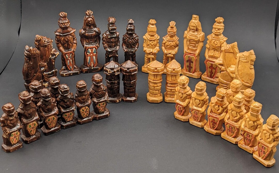 Vintage Handcarved Medieval Style Chess Pieces X 32, Spanish Court ...