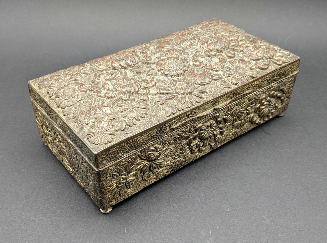 Japanese ANTIMONY Chrysanthemum Box, Repousse Relief Hinged Cigarette ...