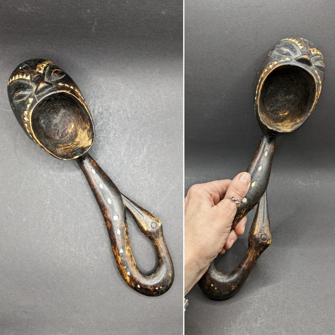 African Open Mouth Hard Wood Ladle With Carved Bird Handle, African ...