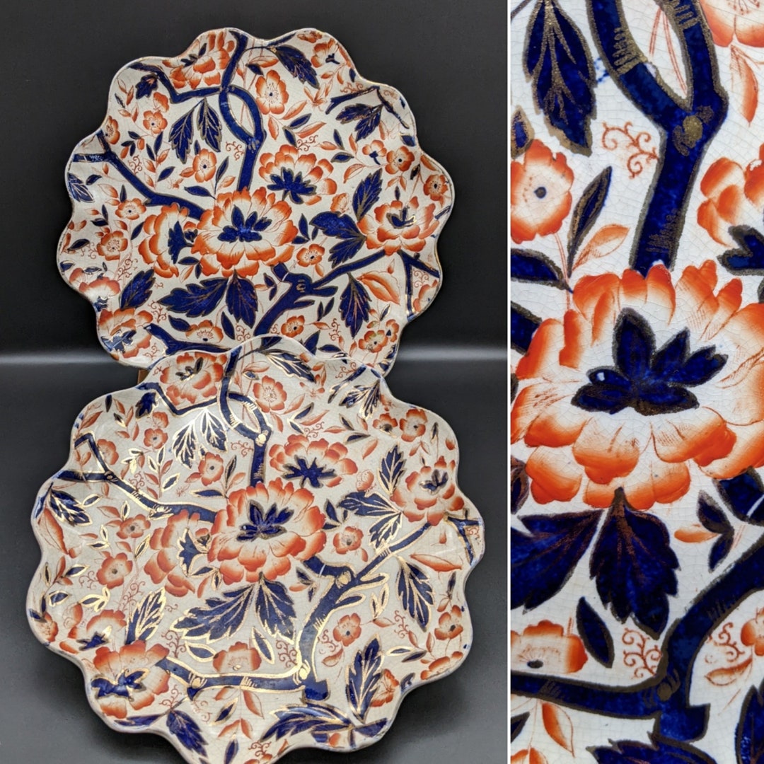 Antique Crown Derby 'BLOOR' Porcelain Imari Style Scalloped Plates X 2 ...