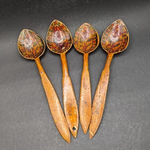 Vintage Turkish Folk Art Wooden Spoons X 4, Anatolian Rustic ...