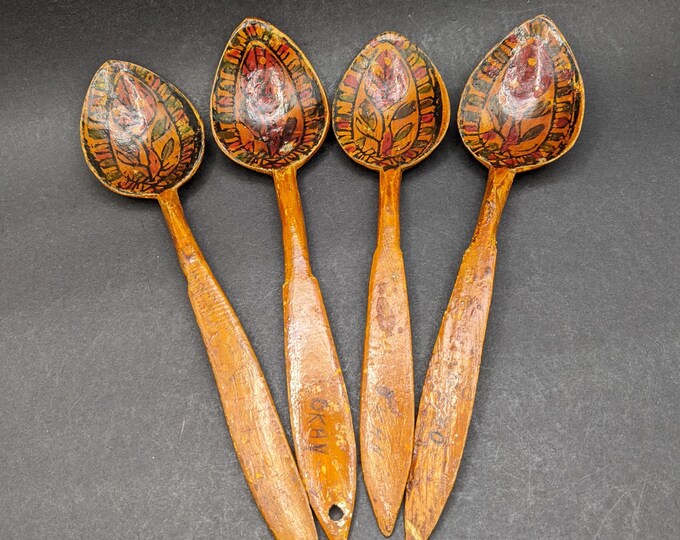 Vintage Turkish Folk Art Wooden Spoons X 4, Anatolian Rustic ...