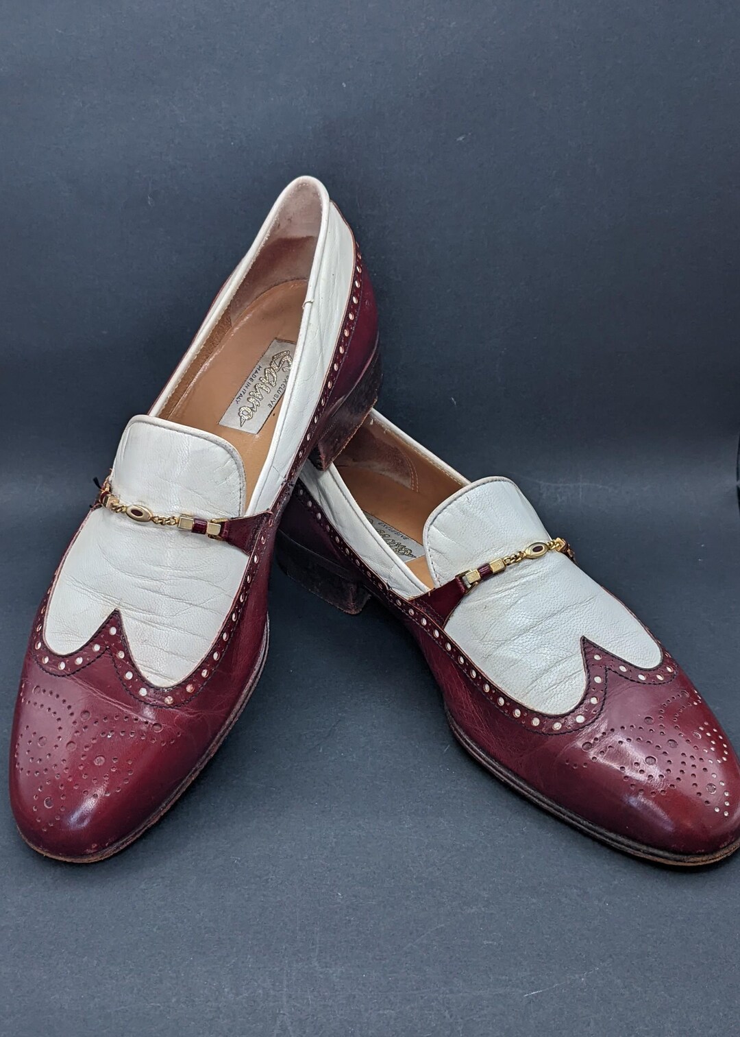 SAURO Dandy Maroon & White Leather Wingtips, Gold Detail Size 42 ...