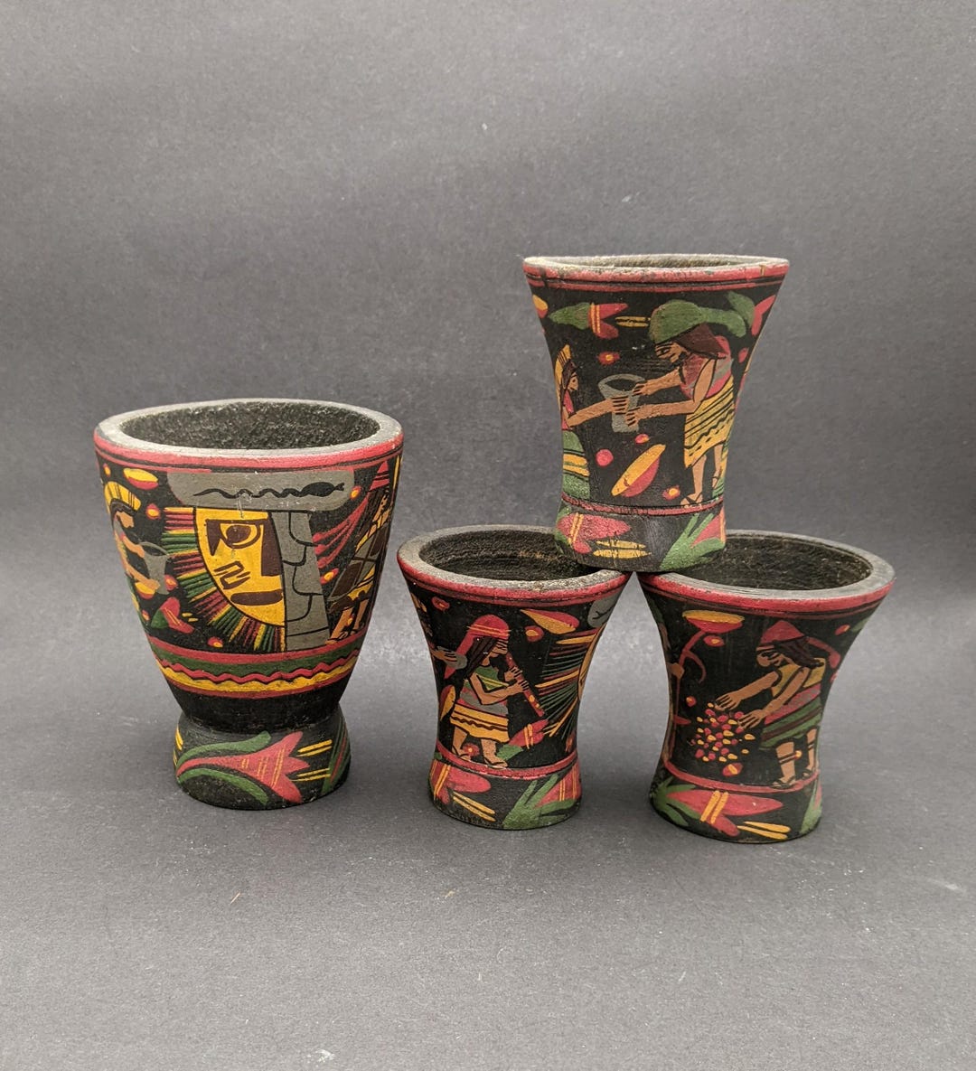 Four Peru Inca Wooden 'KERO' Handpainted Drinking Vessels, Traditional ...
