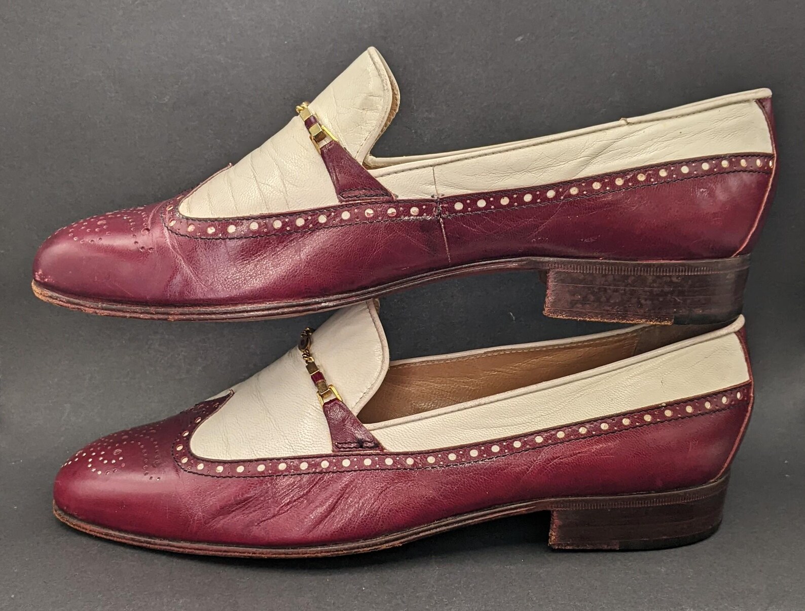 SAURO Dandy Maroon & White Leather Wingtips, Gold Detail Size 42 ...