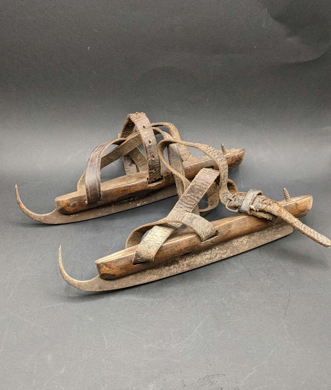 Primitive Late 19th Century Ice Skates, Early Strap-on Skates, Wooden ...