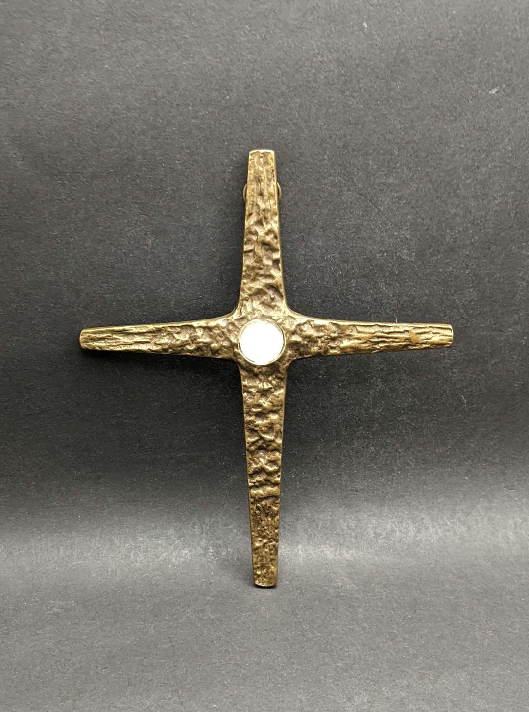 German Mid Century Modern Bronze Cross With Gemstone, Brutalist ...