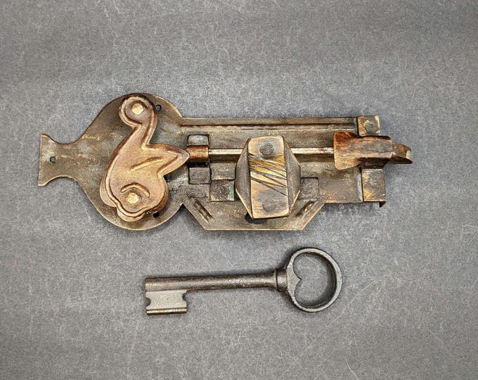 Old German Hand Forged Door Lock and Key, Surface Mount Functioning ...
