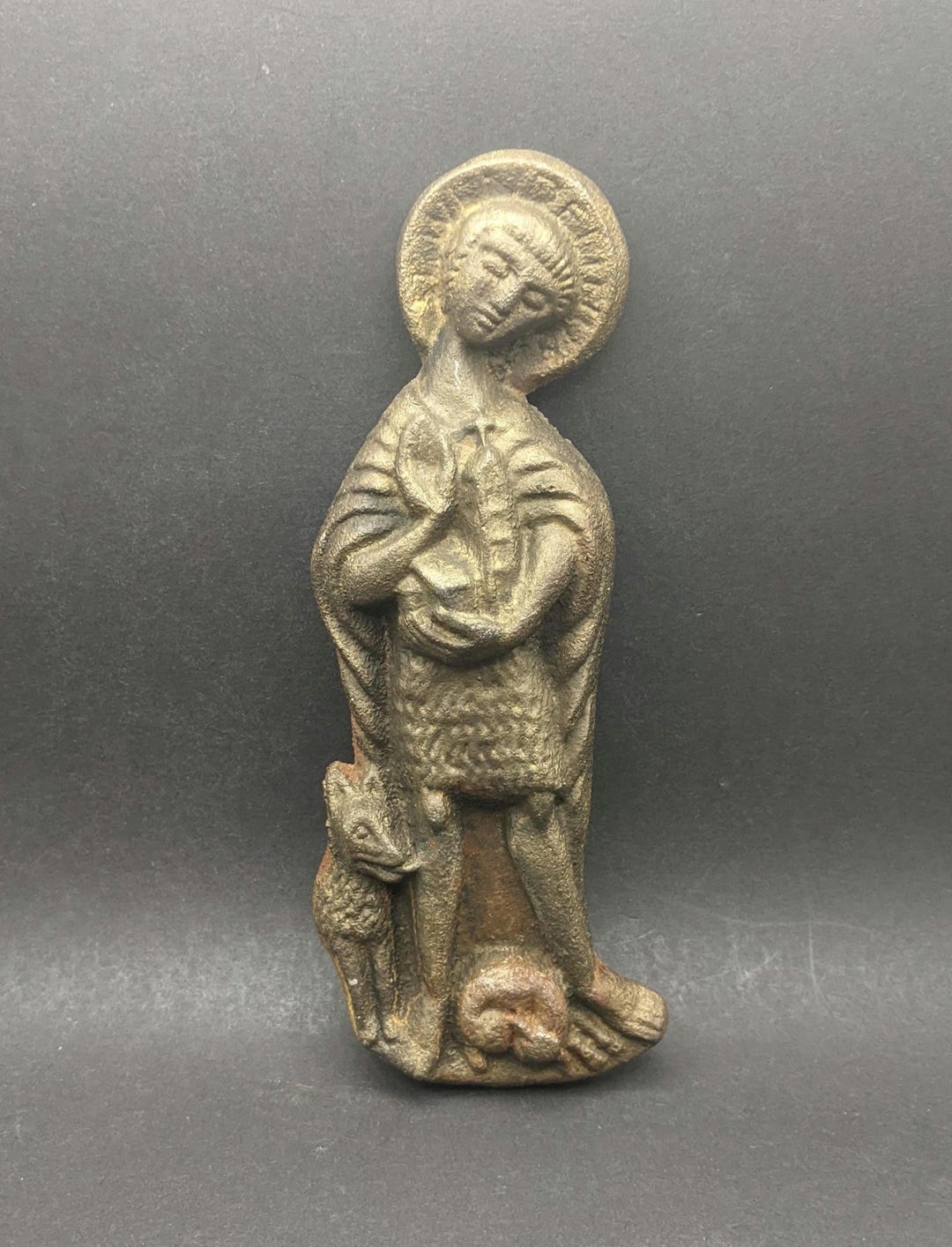 Bronze Figure of Saint Francis (?) With Wolf and Lamb, German Antique ...