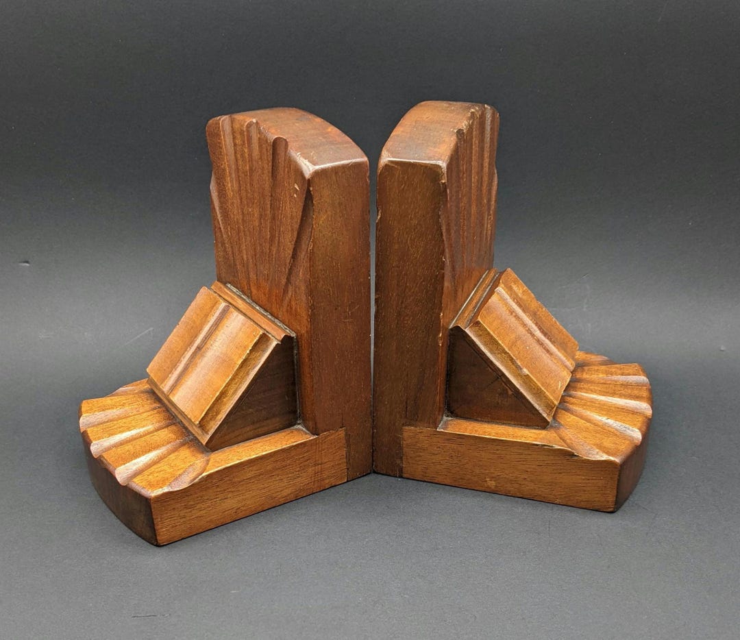 Art Deco Wooden Bookends With Open Book Design, Vintage Pair of Carved ...