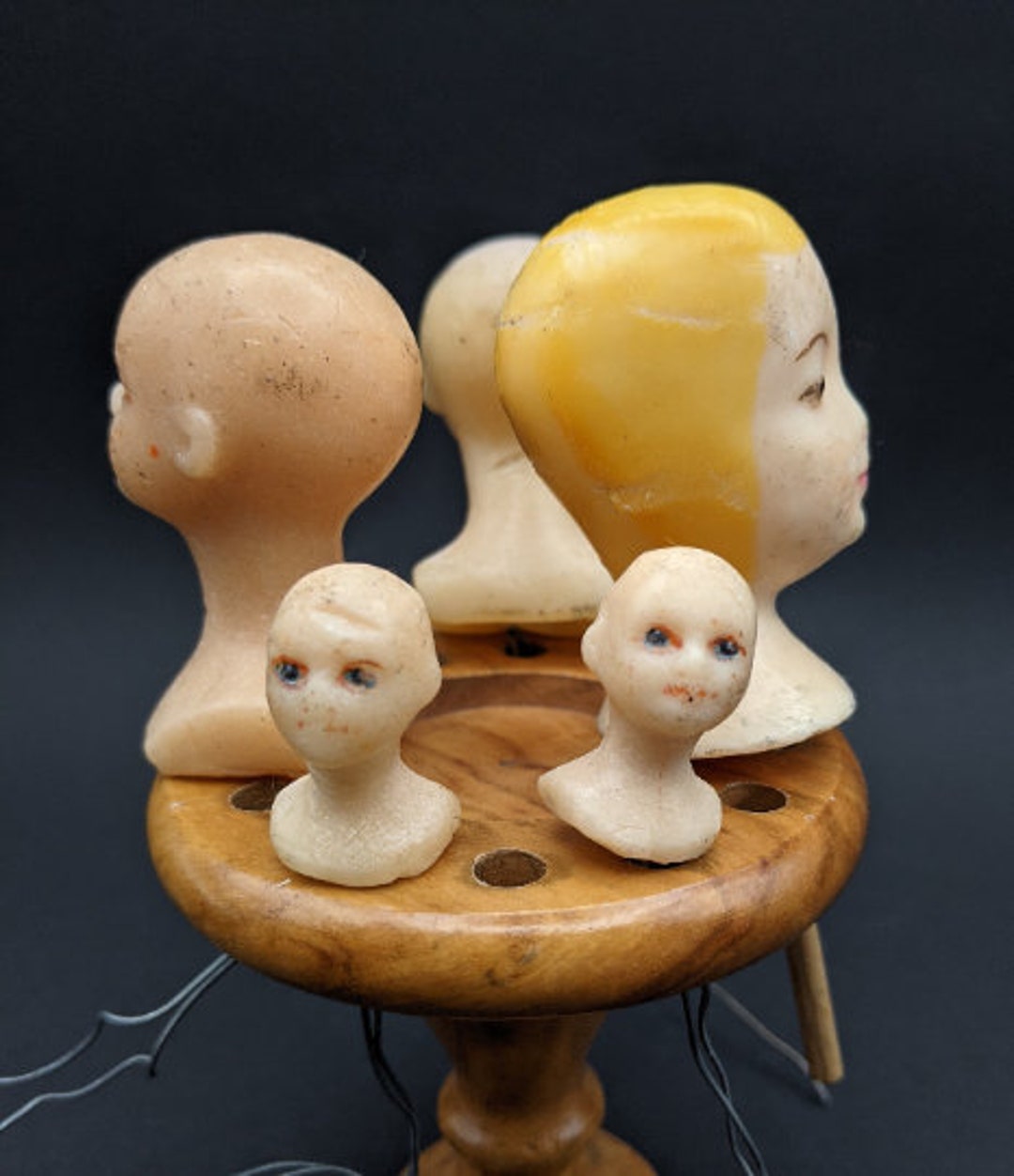 Collection Antique German Wax Doll Heads, Five Wax Heads on Wires ...