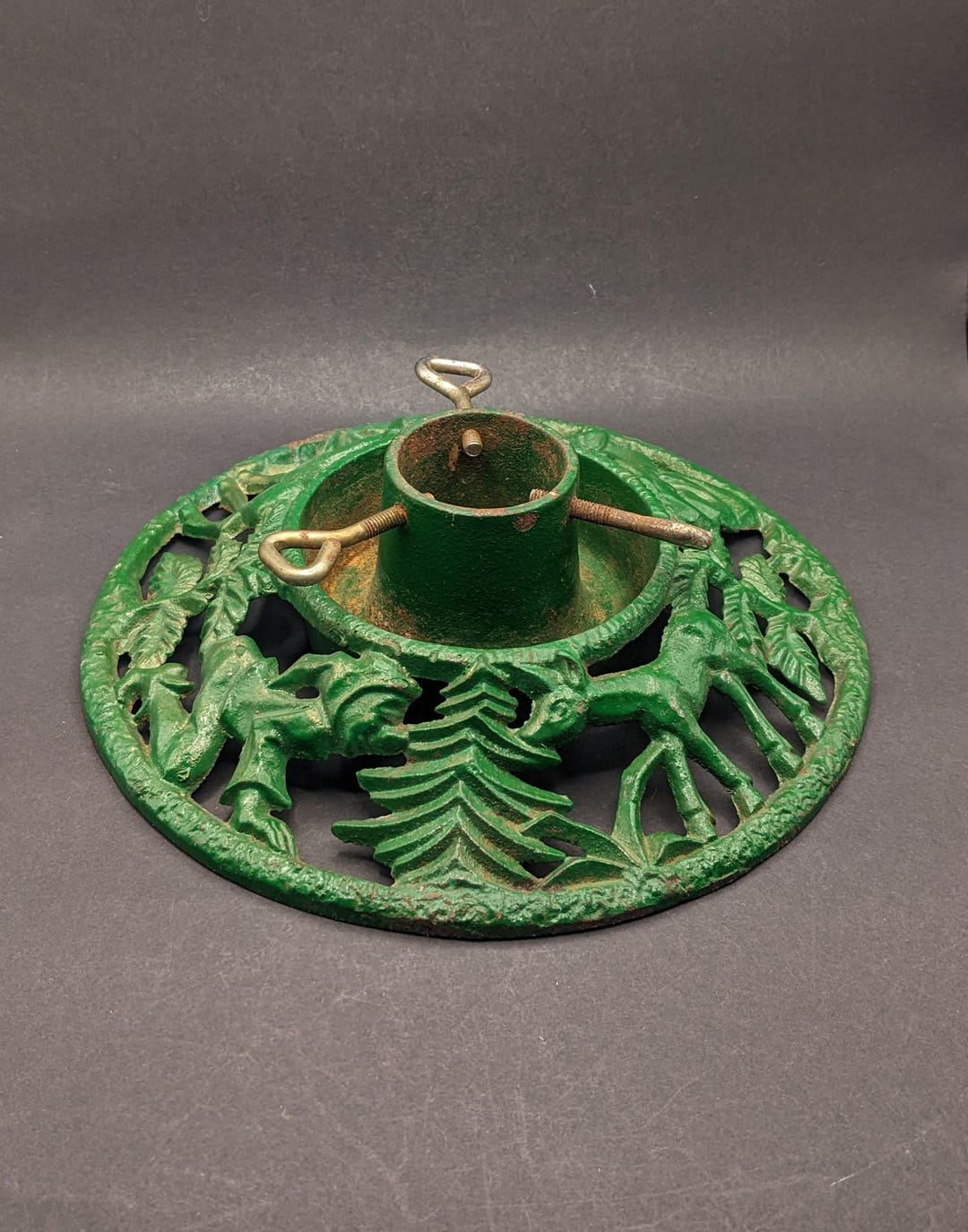 1900's German Christmas Tree Stand, Elves and Deer Cast Iron Tree ...