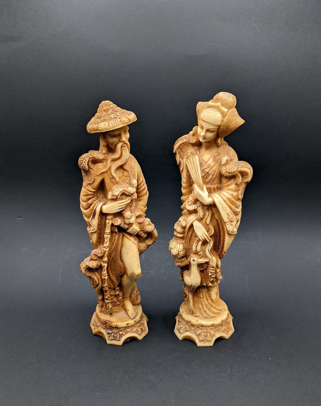 Vintage Asian Man and Woman Resin Sculptures, Ornately Carved Resin ...