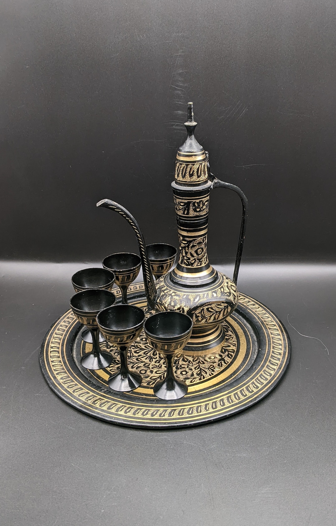Indian Aftaba Surahi Black & Brass 8 Piece Set, Tray With Jug and Six ...