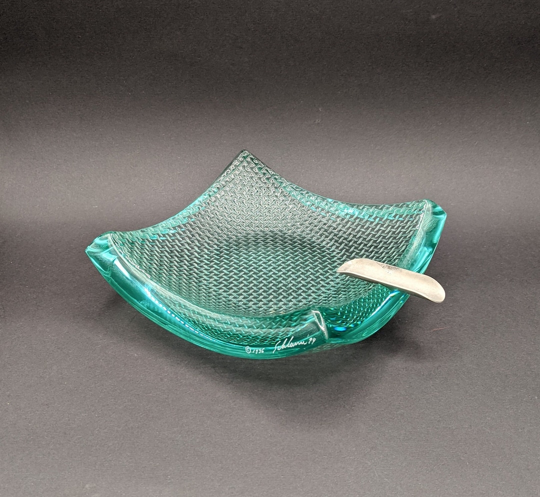 Signed STEPHEN SCHLANSER Art Glass Cigar Ashtray, Heavy Grid Textured ...