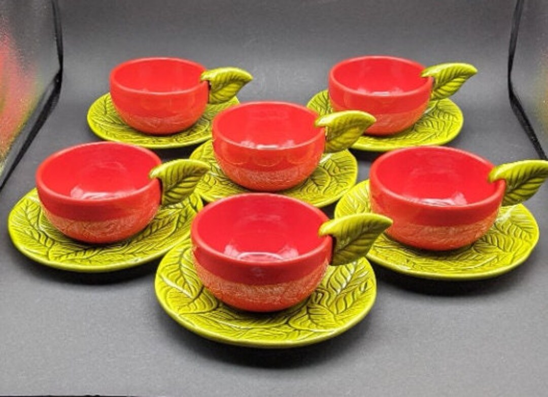 Majolica Fruit Shaped Cup and Saucers Set, Vintage Apple Shaped Cups ...