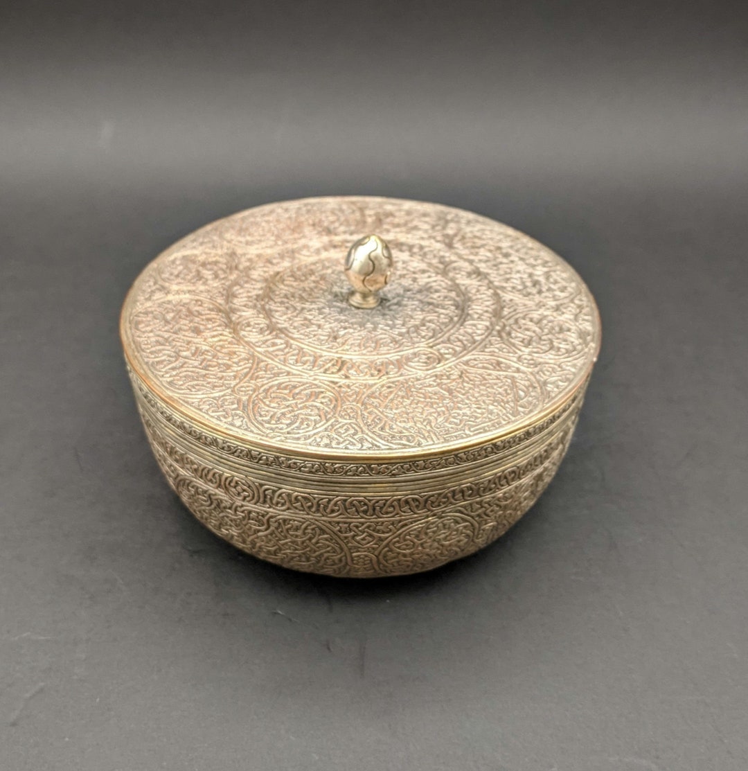 Persian Repousse 932 Silver on Brass Round Lidded Box, Intricate ...