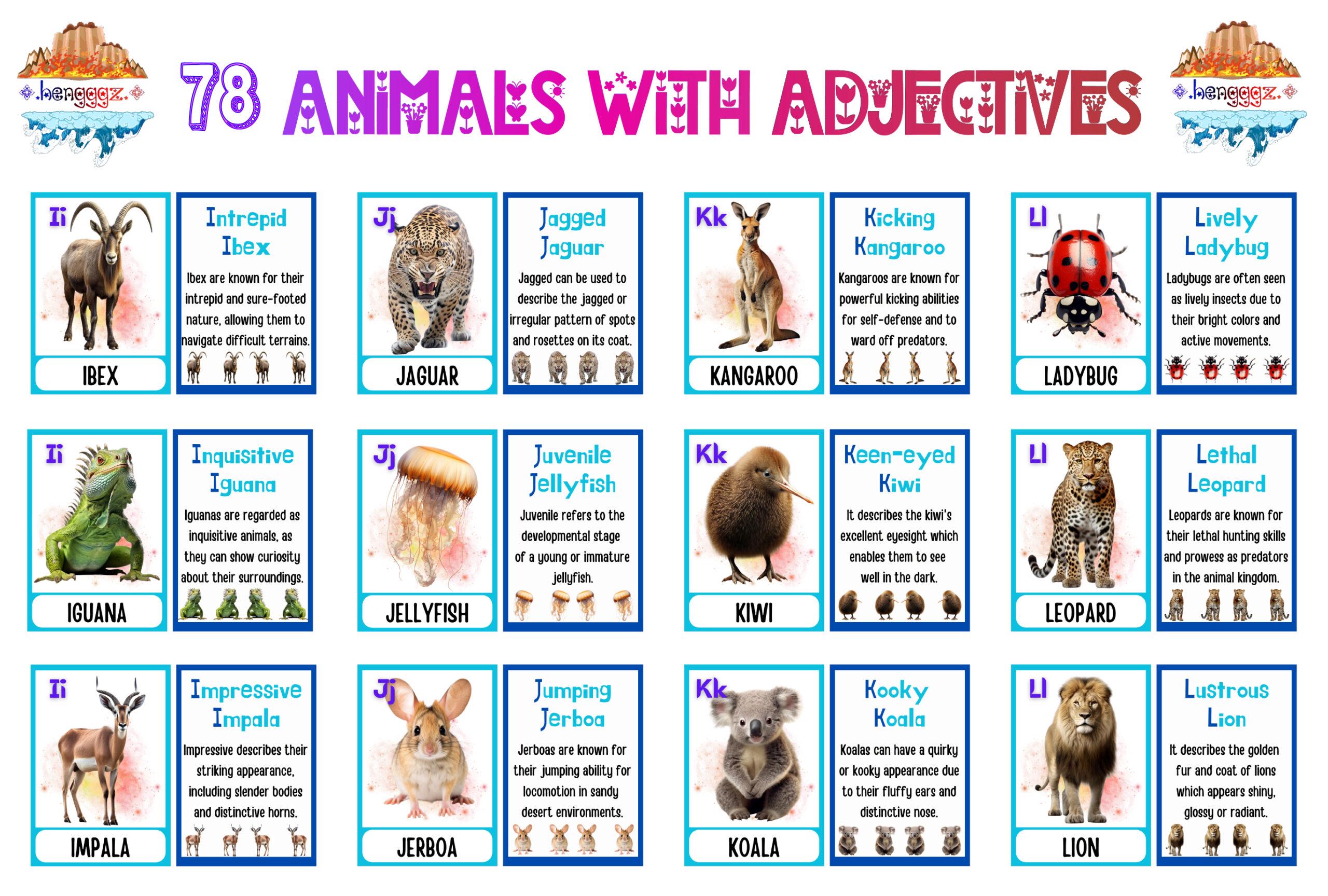 78 Adjective Animal Flashcards | Kids Learning Flash Cards ...