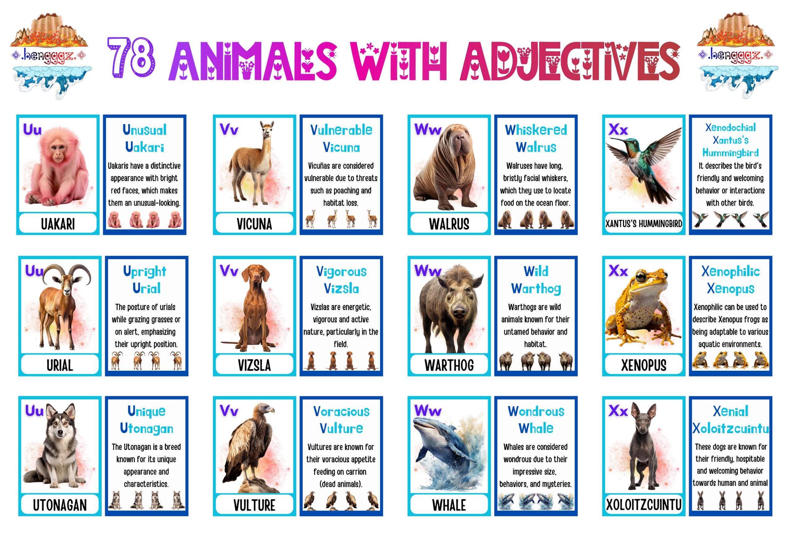 78 Adjective Animal Flashcards | Kids Learning Flash Cards ...