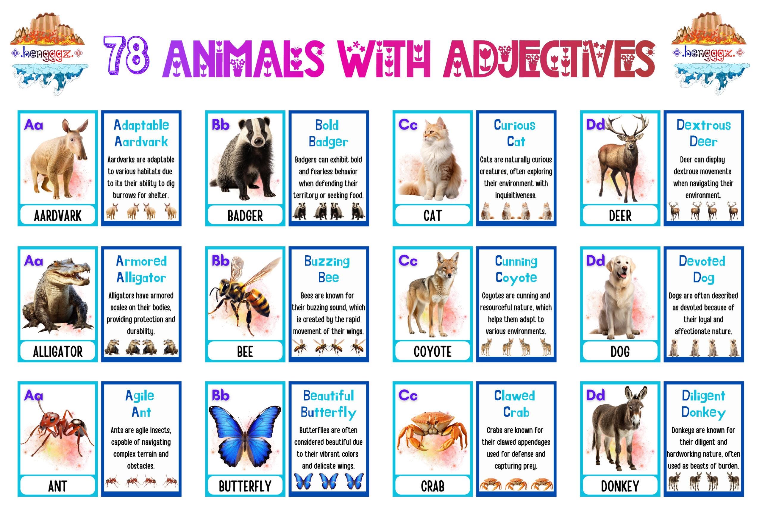 78 Adjective Animal Flashcards | Kids Learning Flash Cards ...