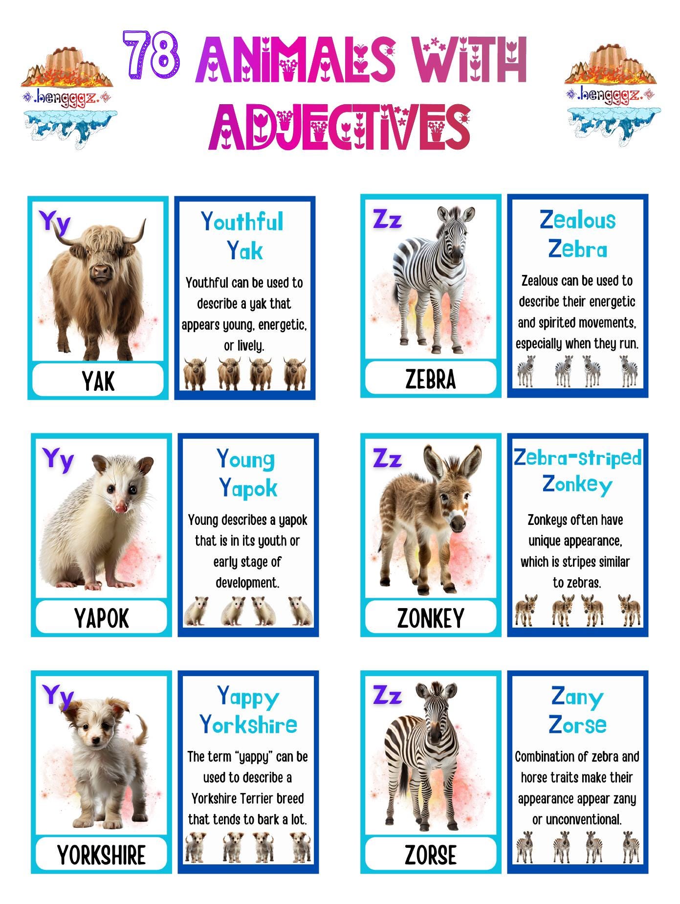 78 Adjective Animal Flashcards | Kids Learning Flash Cards ...
