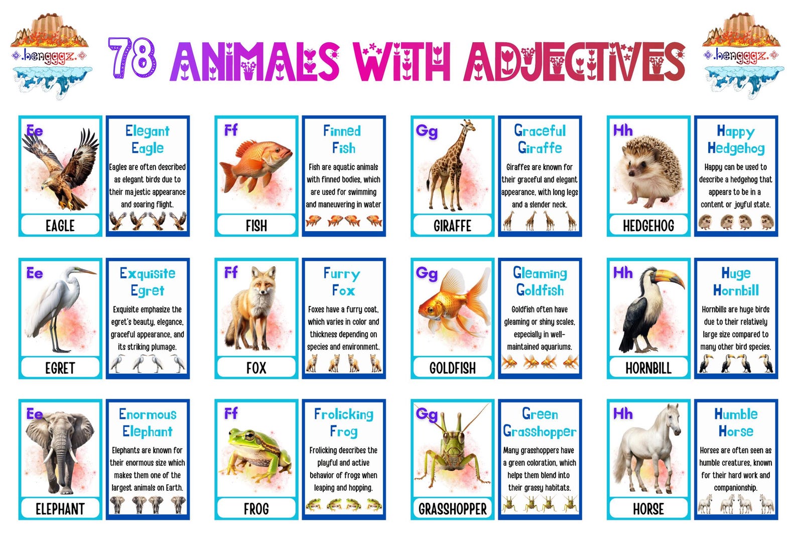 78 Adjective Animal Flashcards | Kids Learning Flash Cards ...