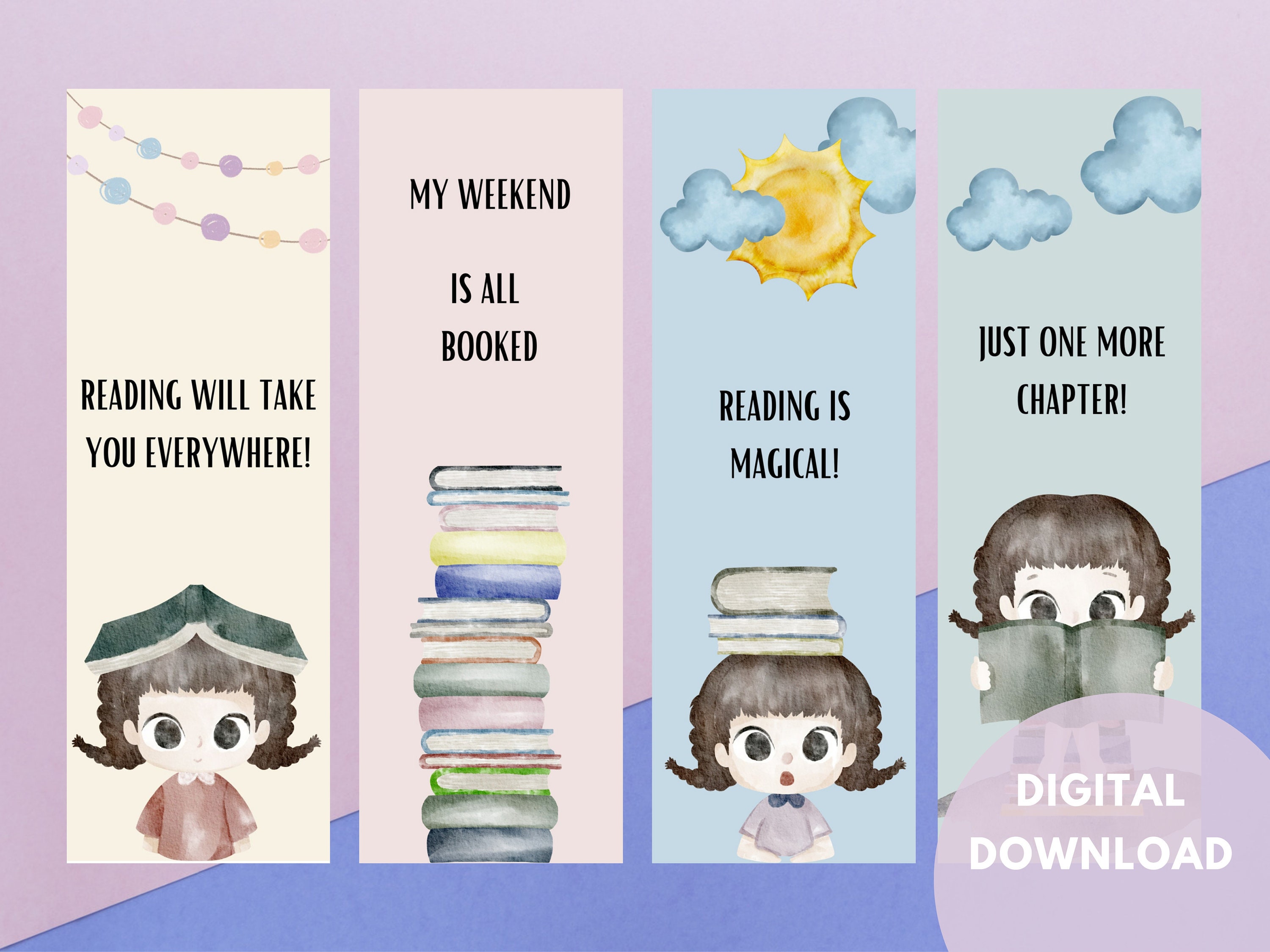 Printable Reading Bookmark Set for Kids, Four Printable Reading Girl ...