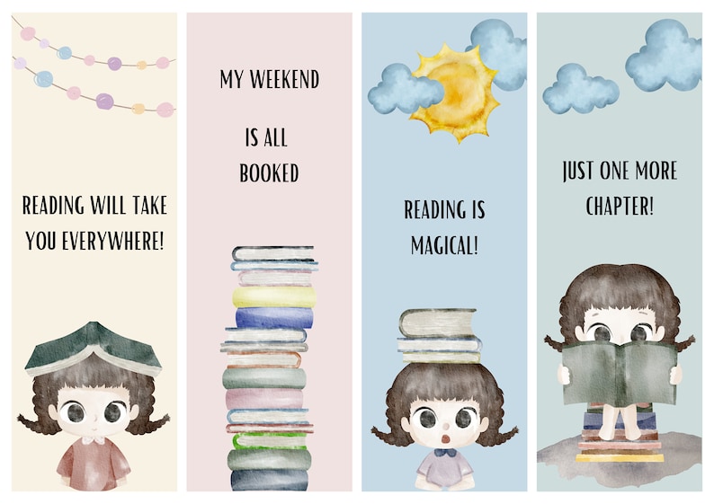Printable Reading Bookmark Set for Kids, Four Printable Reading Girl ...
