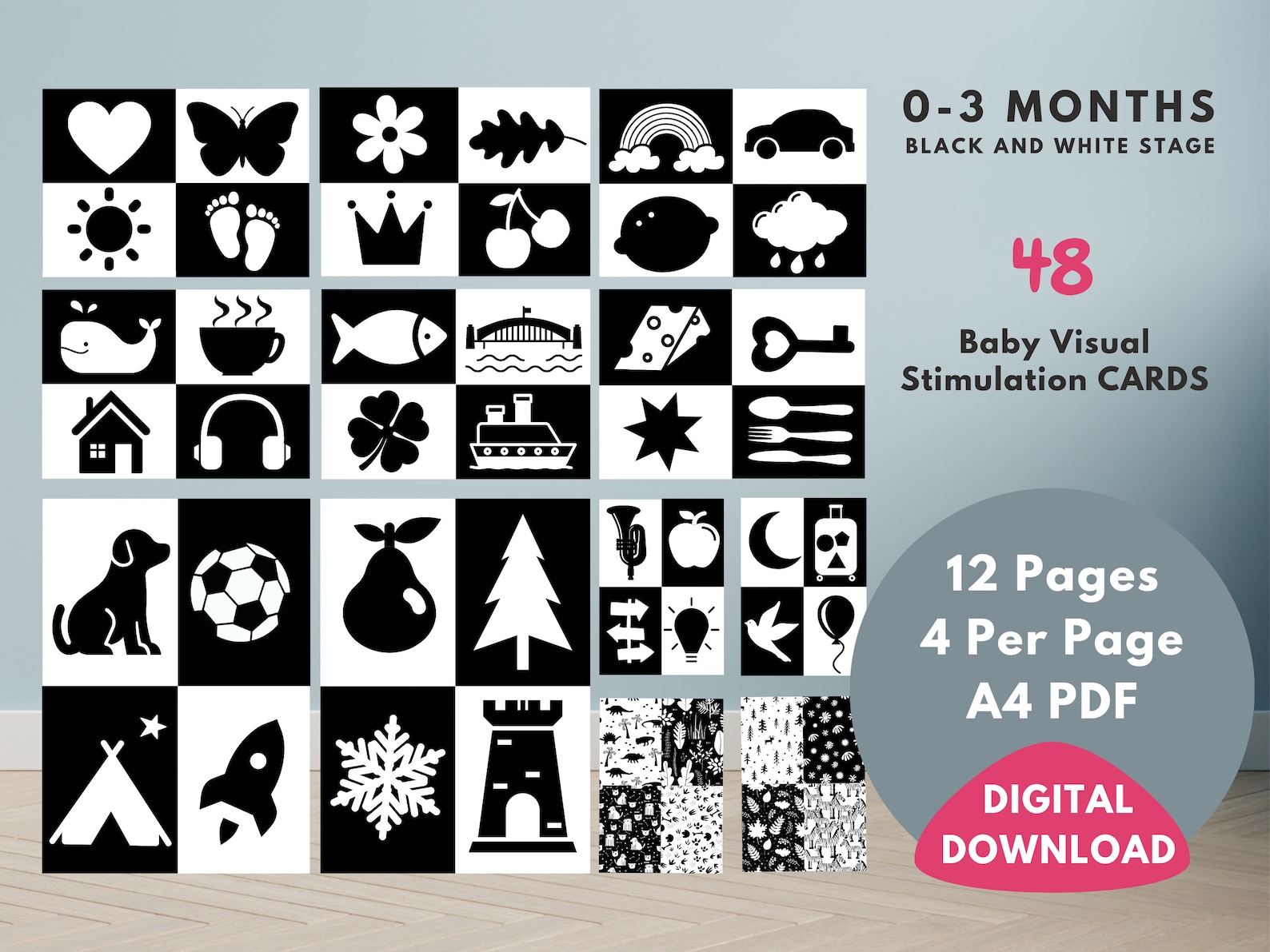 High Contrast Baby Sensory Flash Cards, Baby Sensory Black & White ...