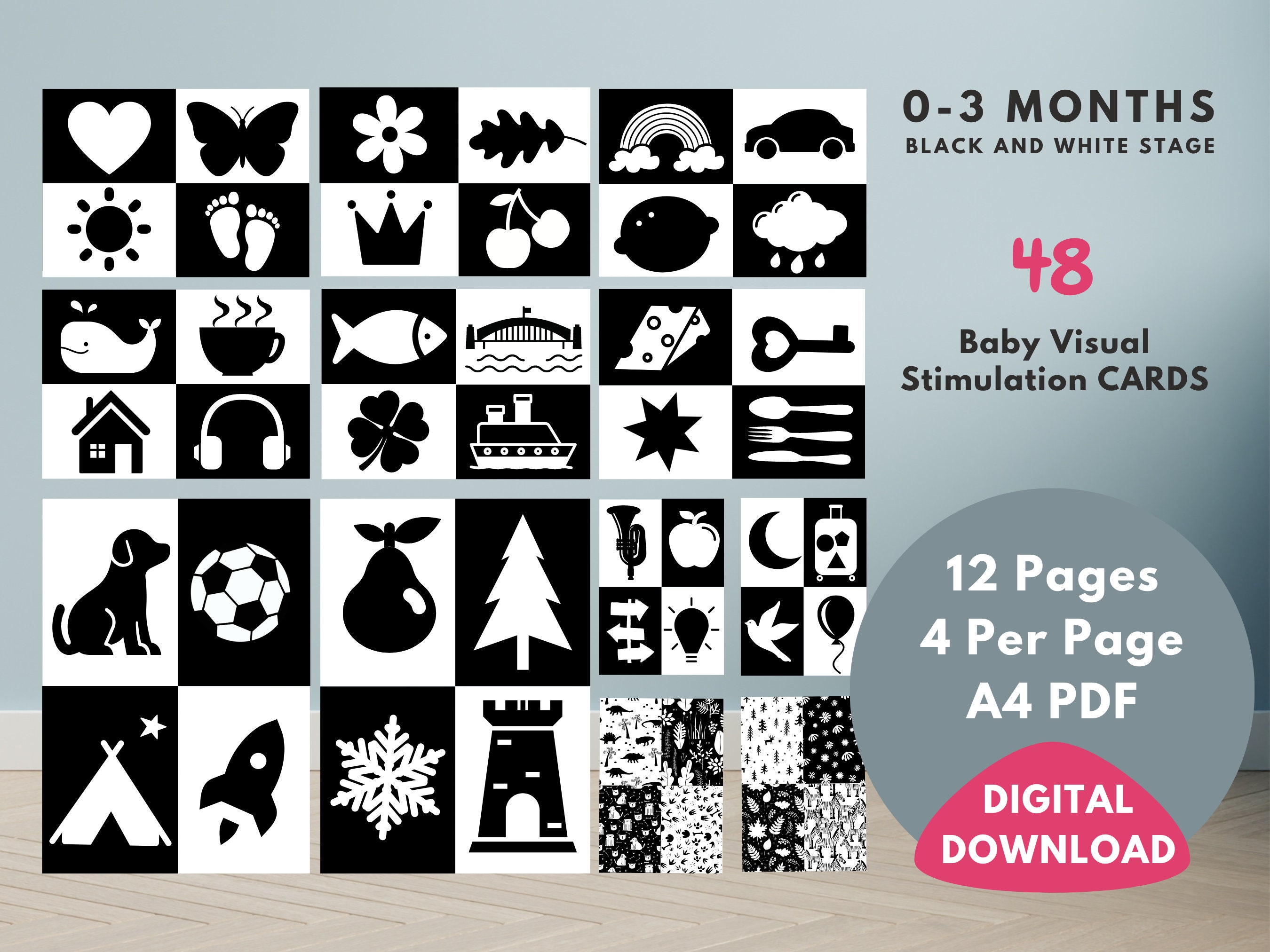 High Contrast Baby Sensory Flash Cards, Baby Sensory Black & White ...