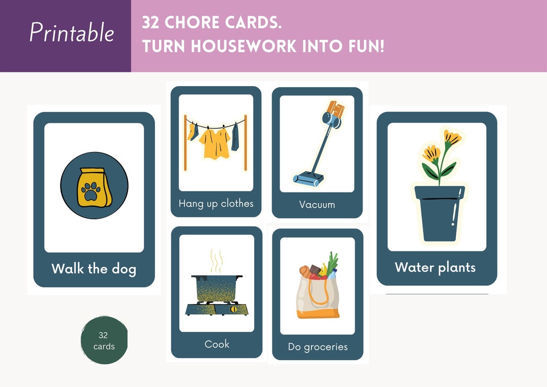 Chores Routine Flashcards for Kids and Adults Printable Visual Cleaning ...