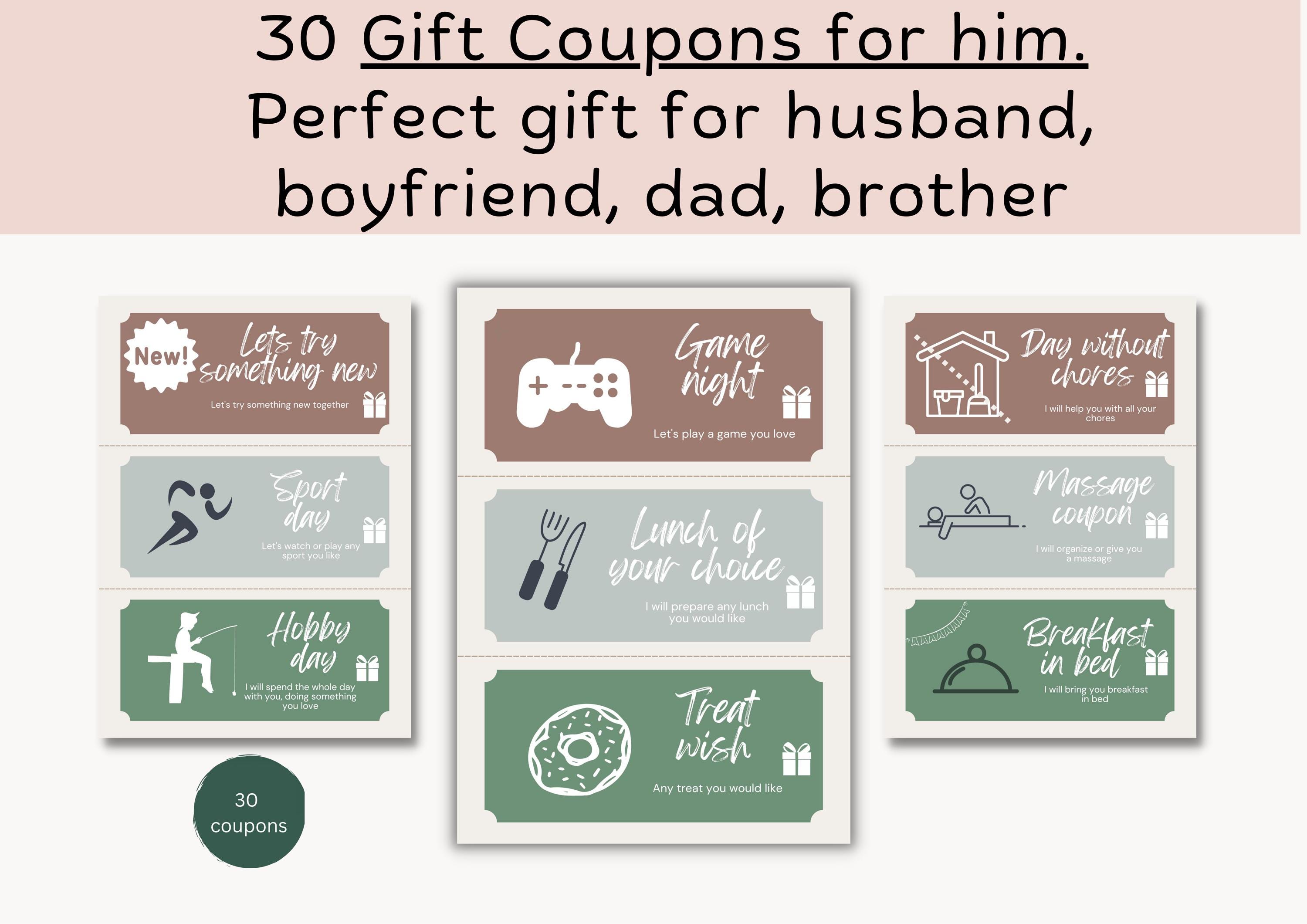 Coupons for Him - 30 Printable Gift Vouchers - Digital Download - Gift ...