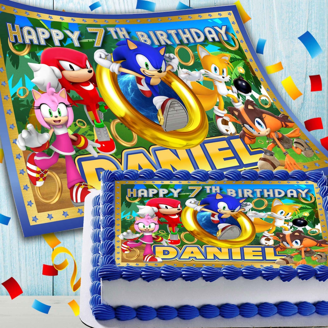 Sonic Birthday Themed Edible Cake Topper - Rectangular Design - Wafer ...