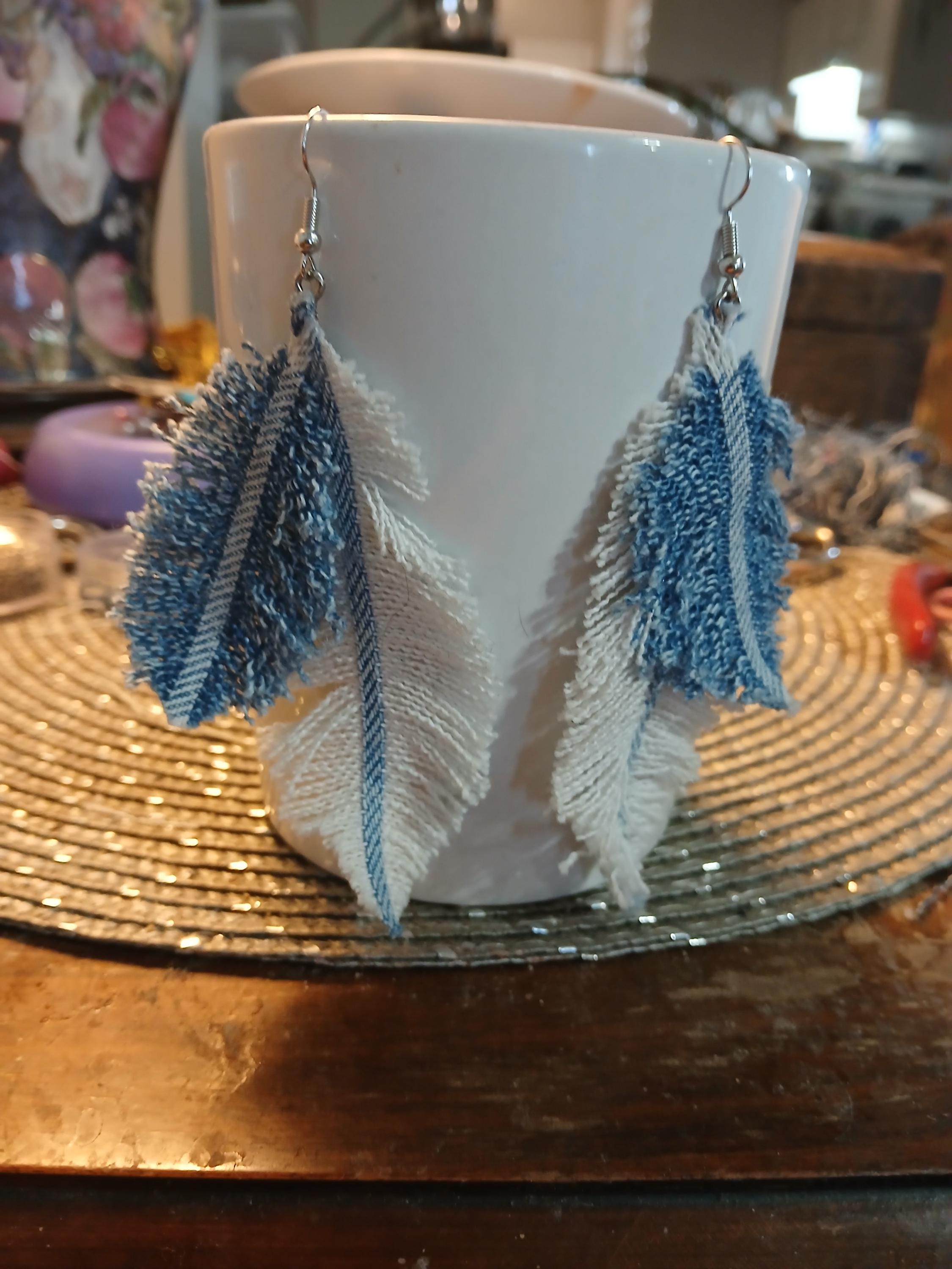 Denim Feather Earrings - Etsy