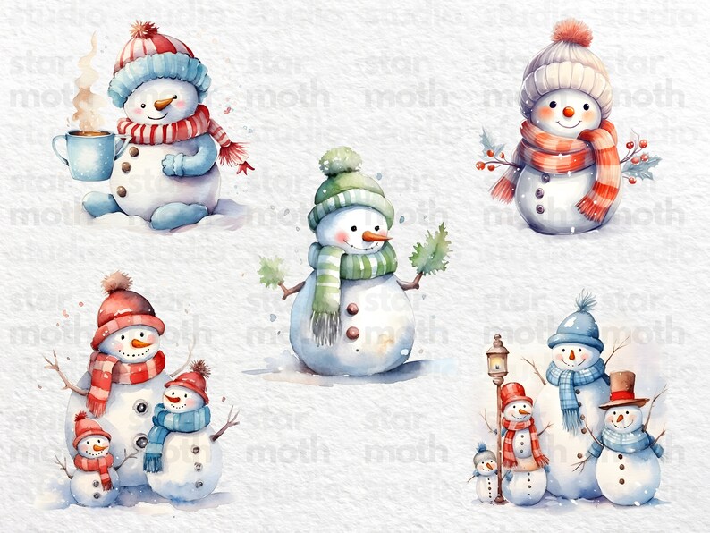 Watercolor Snowman Christmas Winter Holiday Clipart Bundle of 24 ...