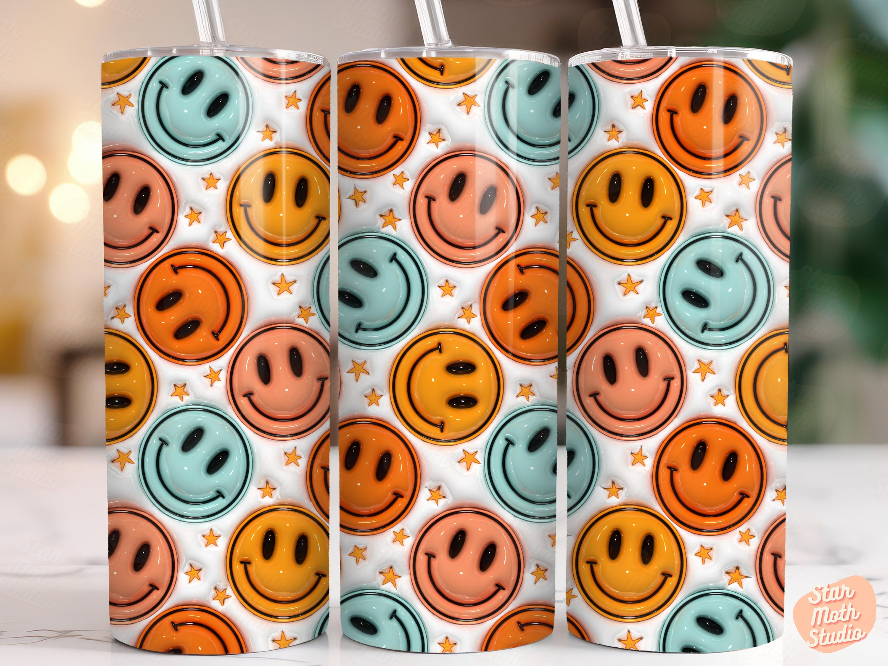 3D Inflated Retro Smiley Face and Stars Tumbler Wrap Design - Etsy