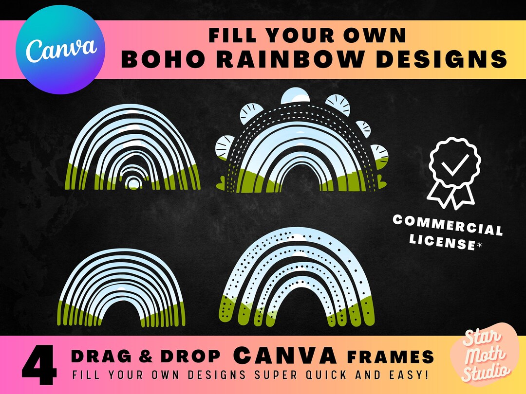 Boho Rainbows CANVA FRAMES, Easy Drag and Drop Editable Canva Template ...