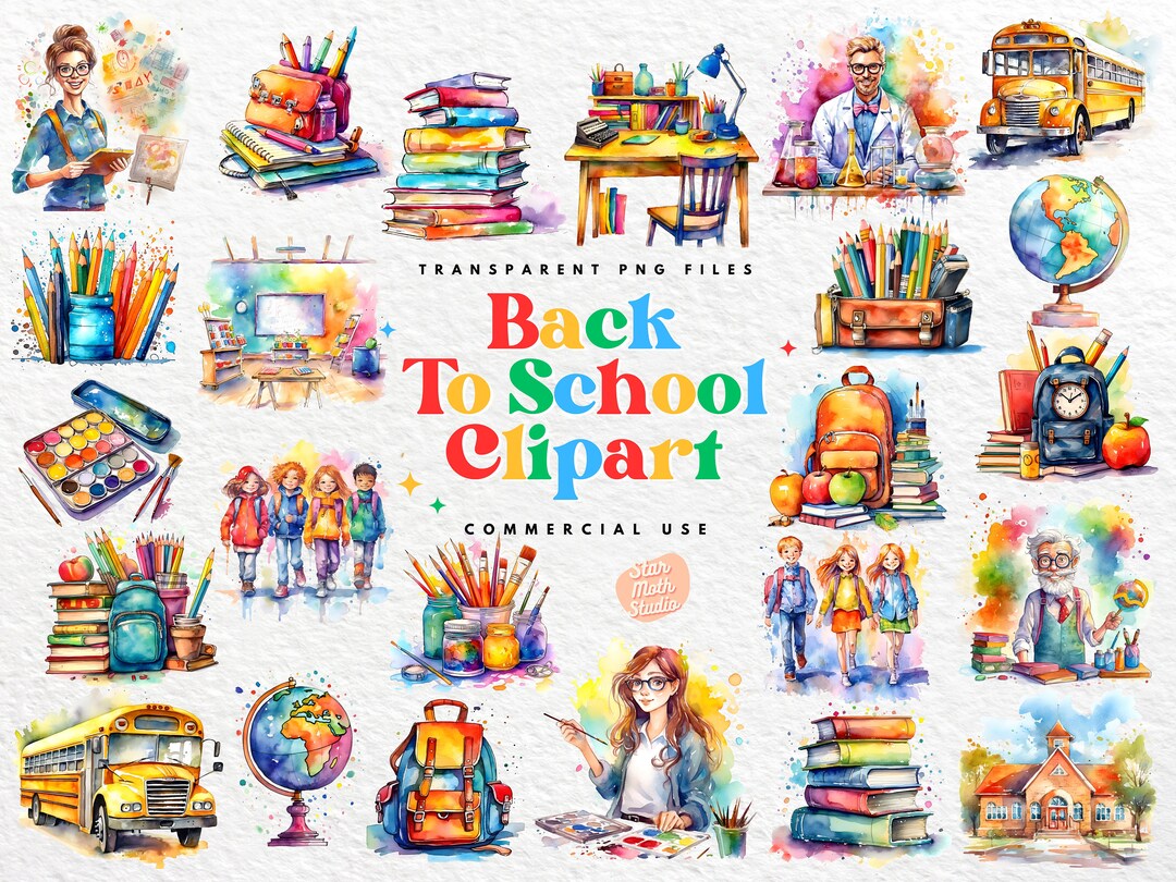 Back to School Watercolor Clipart Bundle - PNG, 300 Dpi, Notebook ...