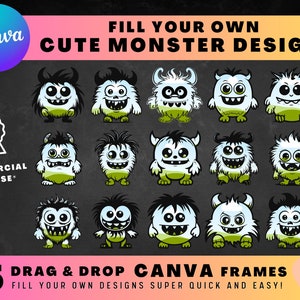 Cute Monsters Halloween CANVA FRAMES, Easy Drag and Drop Editable Canva ...