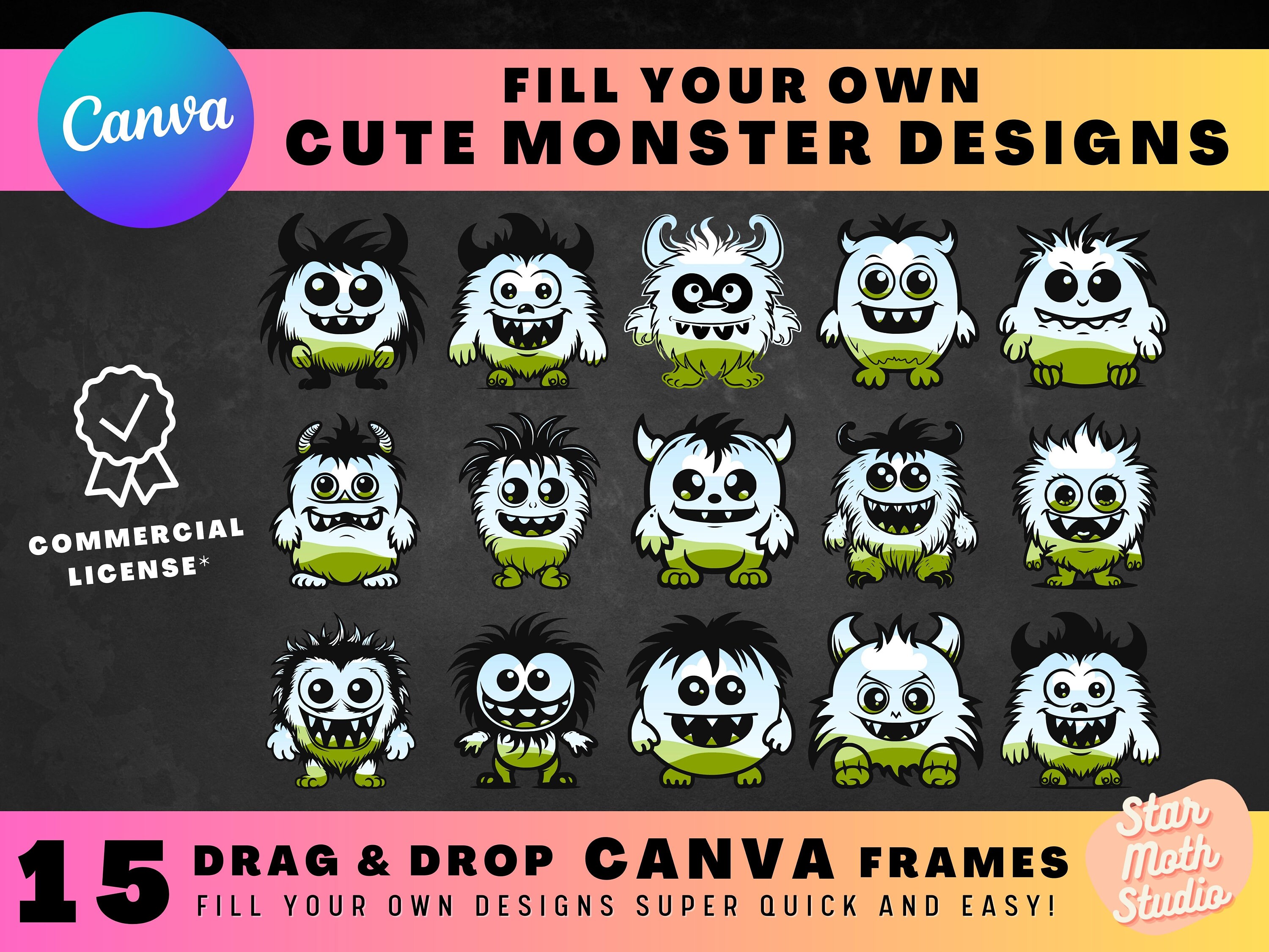 Cute Monsters Halloween CANVA FRAMES, Easy Drag and Drop Editable Canva ...