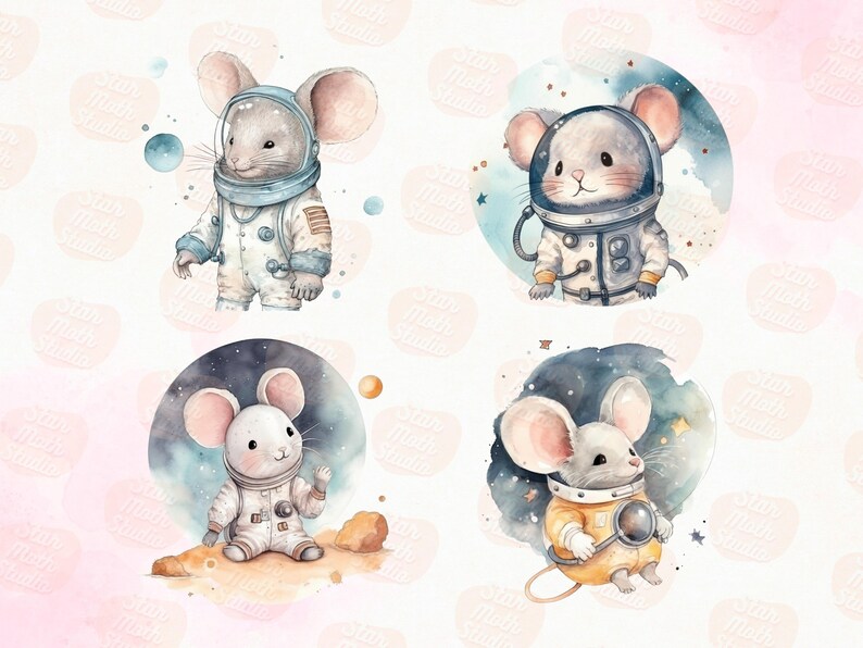 22 PNG Watercolor Adorable Space Astronaut Mice Clipart Set, Fantasy ...