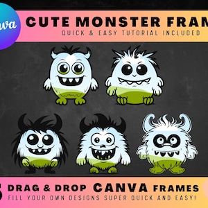 Cute Monsters Halloween CANVA FRAMES, Easy Drag and Drop Editable Canva ...