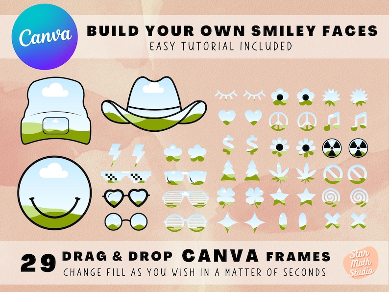 Build Your Own Happy SMILEY FACES on CANVA, Editable Fill Canva Frame ...