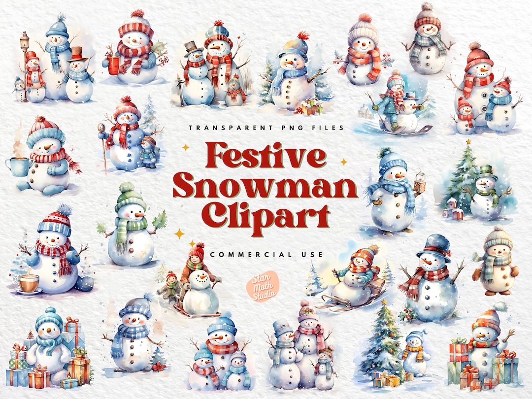 Watercolor Snowman Christmas Winter Holiday Clipart Bundle of 24 ...