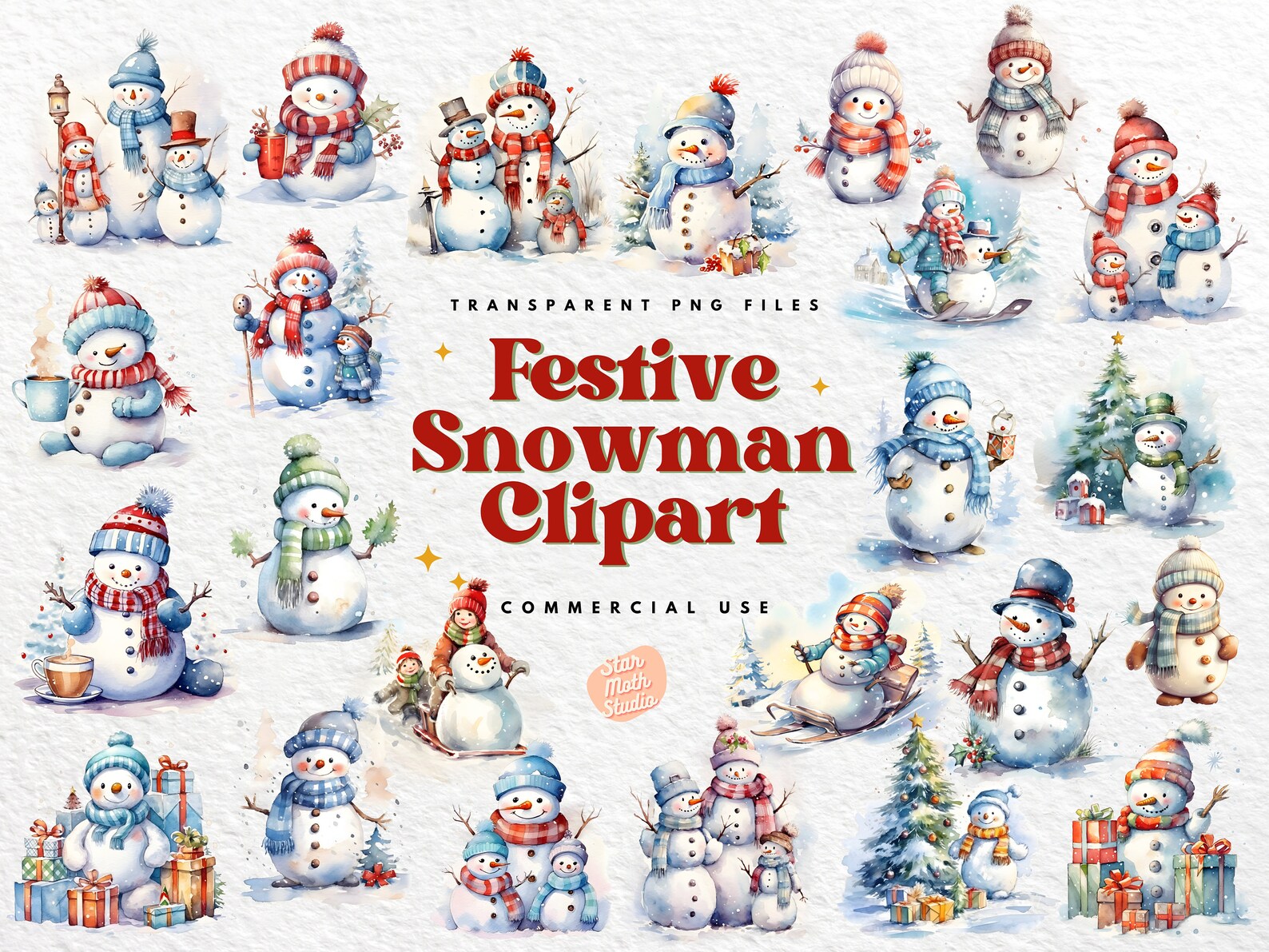 Watercolor Snowman Christmas Winter Holiday Clipart Bundle of 24 ...